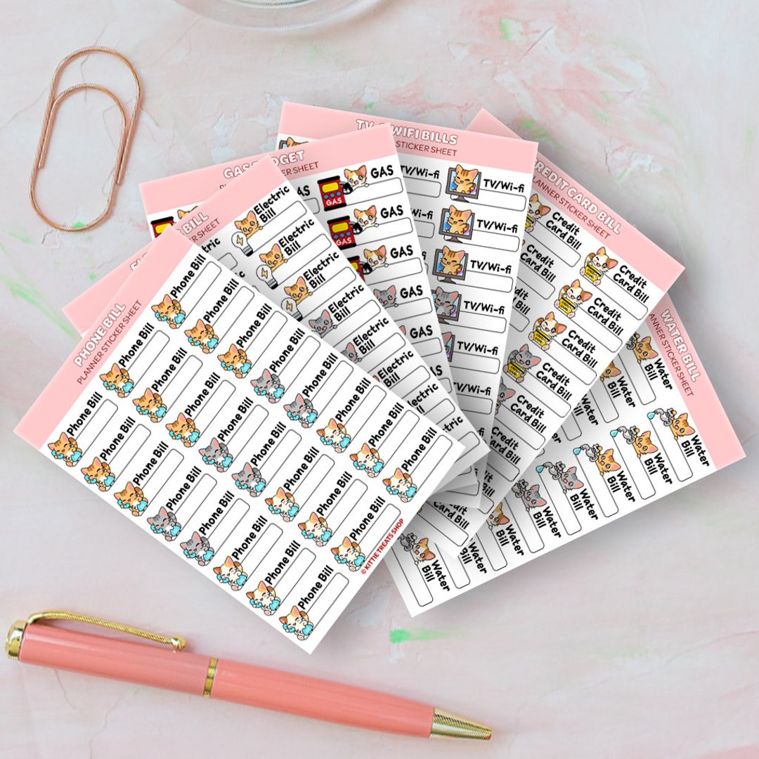 Kawaii Cat Bills Planner Sticker Set of 6, Cute Planner Sticker Set ...