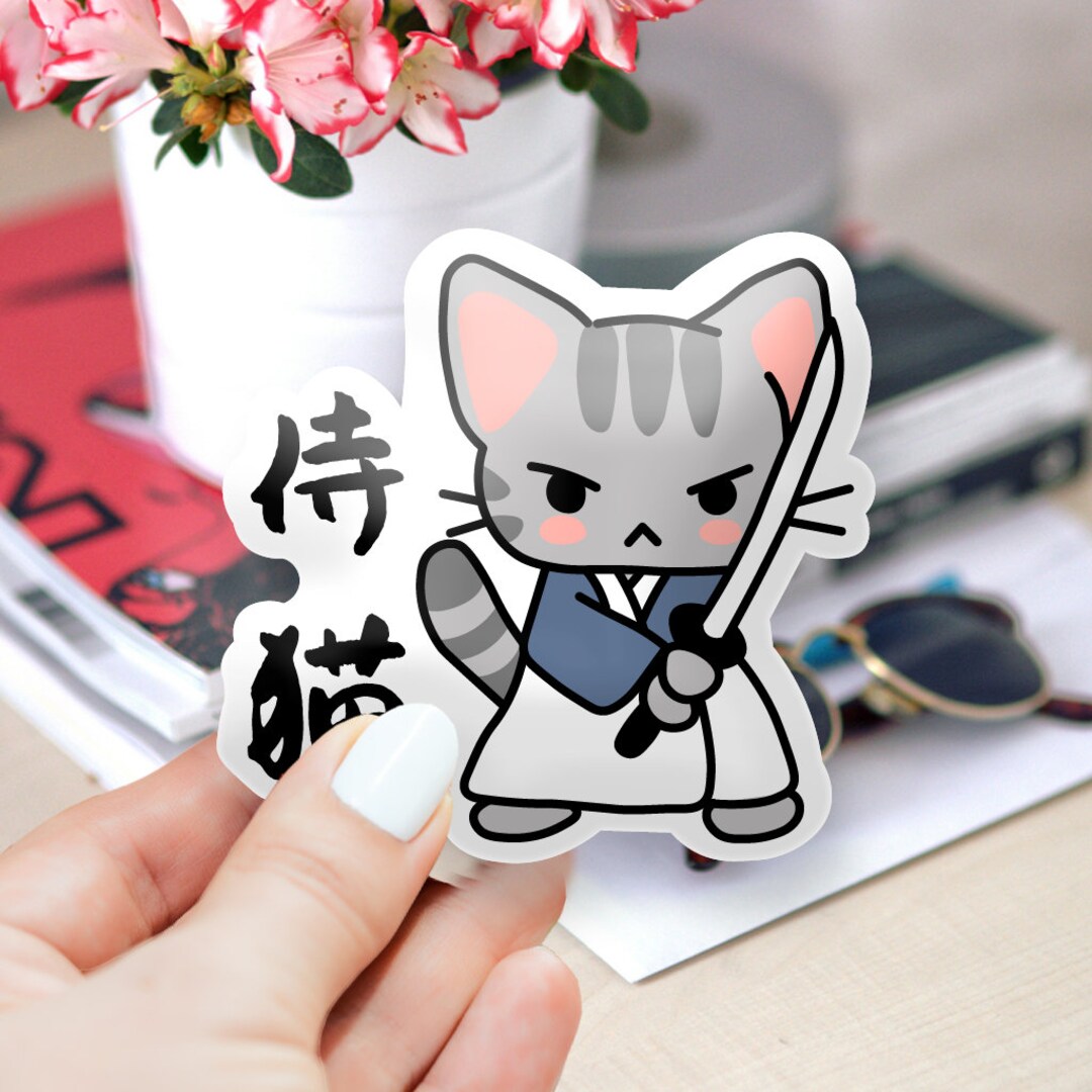 Samurai Cat Glossy Vinyl Sticker, Water Bottle Sticker, Car Decal ...