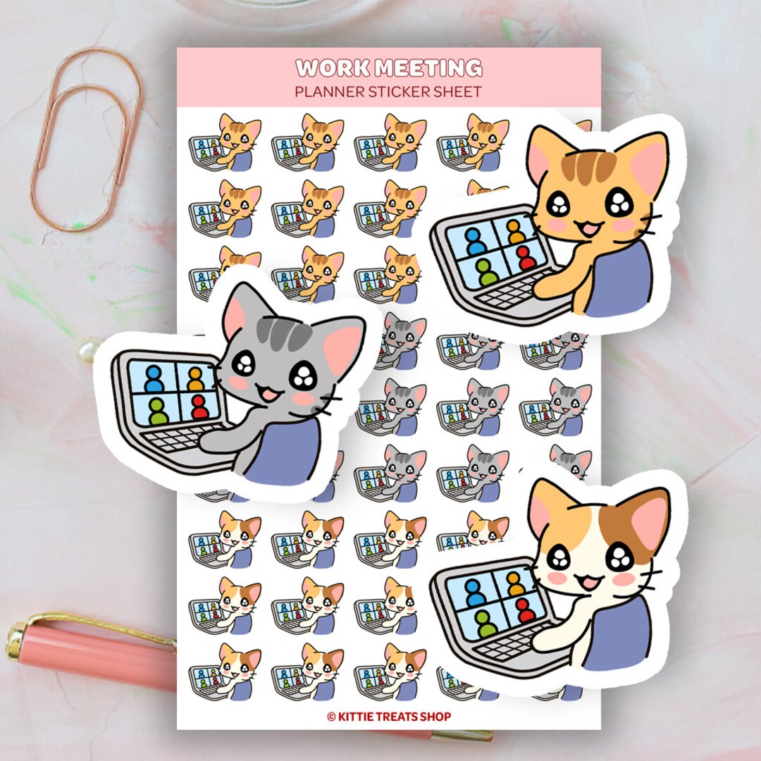 Kawaii Cat Online Meeting Planner Sticker, Online Meeting Reminders ...