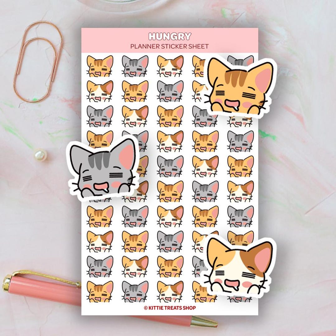 Kawaii Hungry Kitty Planner Stickers, Hunger Craving Stickers, Food ...