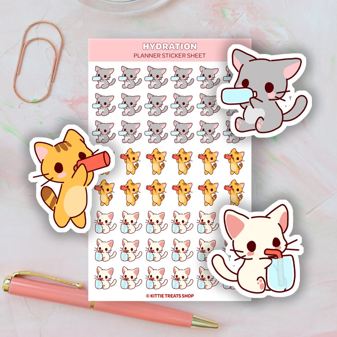 Kawaii Cat Hydration Planner Stickers, Drink Water Reminders, Cute ...