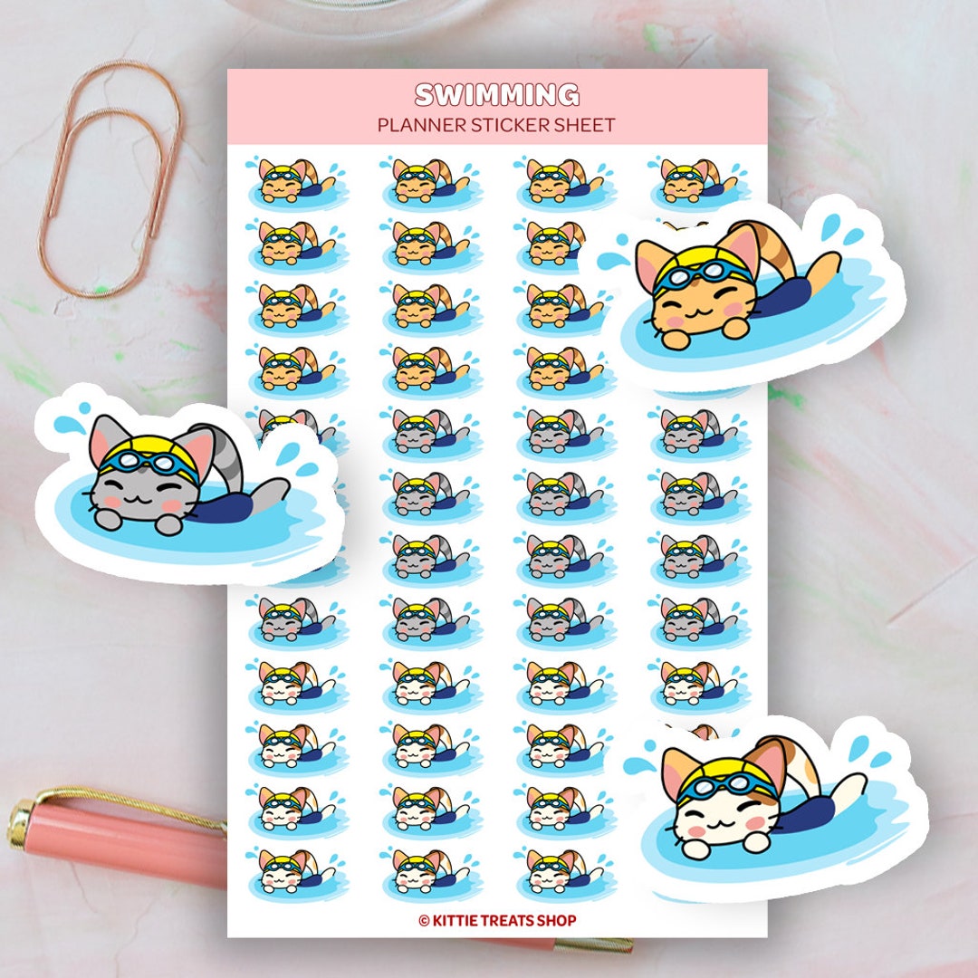 Kawaii Cat Swimming Planner Sticker, Swimming Lesson Reminders, Cute ...