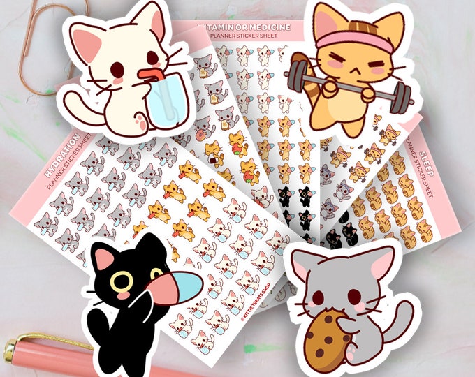 Kawaii Cat Self-care Planner Sticker Set of 5, Cute Planner Sticker Set ...