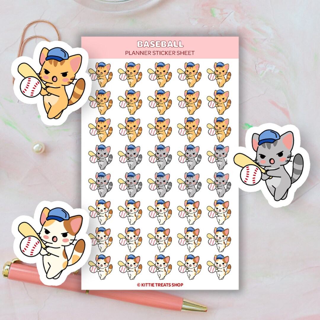 Kawaii Cat Baseball Planner Sticker, Baseball Game Reminders, Cute ...