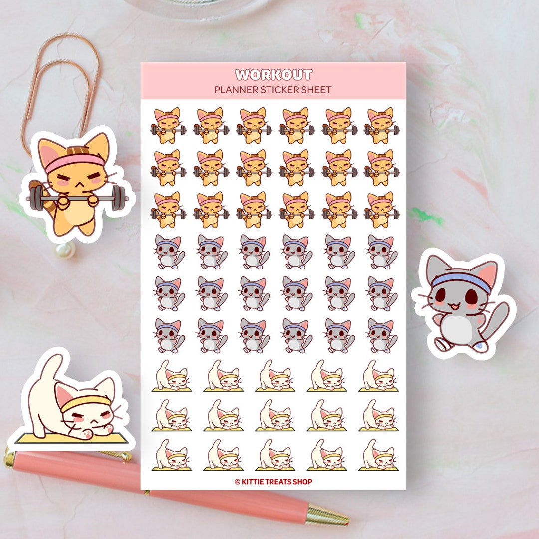 Kawaii Cat Workout Planner Stickers, Workout Reminders, Cute Planner ...