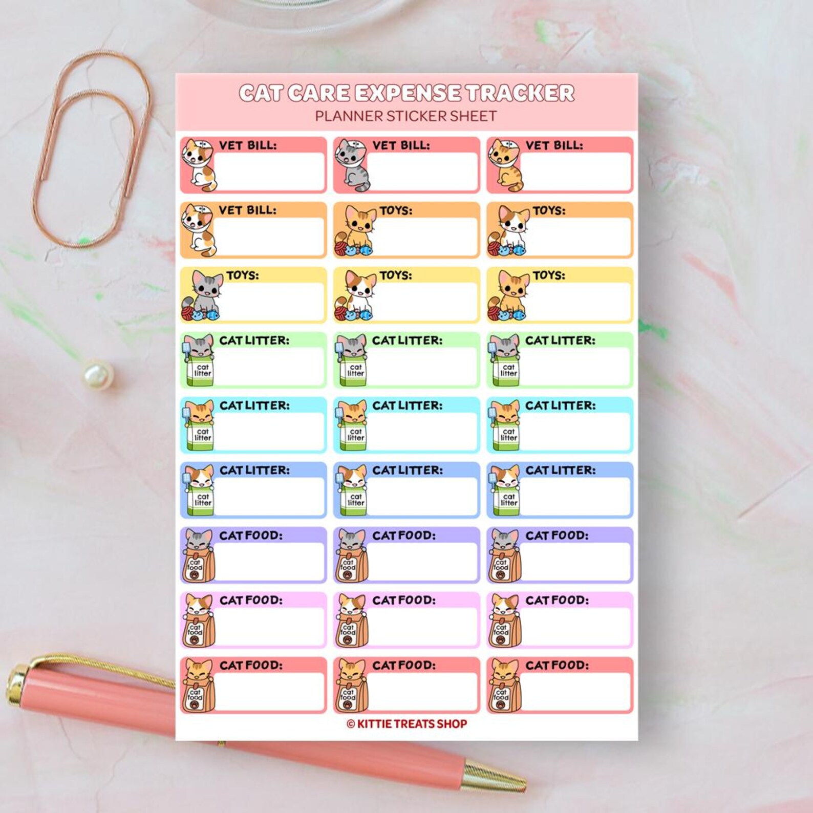 Kawaii Cat Care Expense Tracker Planner Stickers, Cat Expense Reminders ...