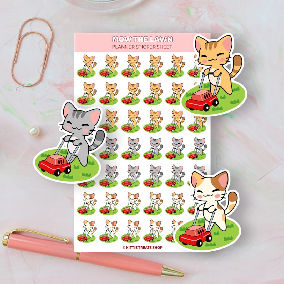 Kawaii Cat Mow the Lawn Planner Stickers, Mow the Lawn Reminders, Chore ...