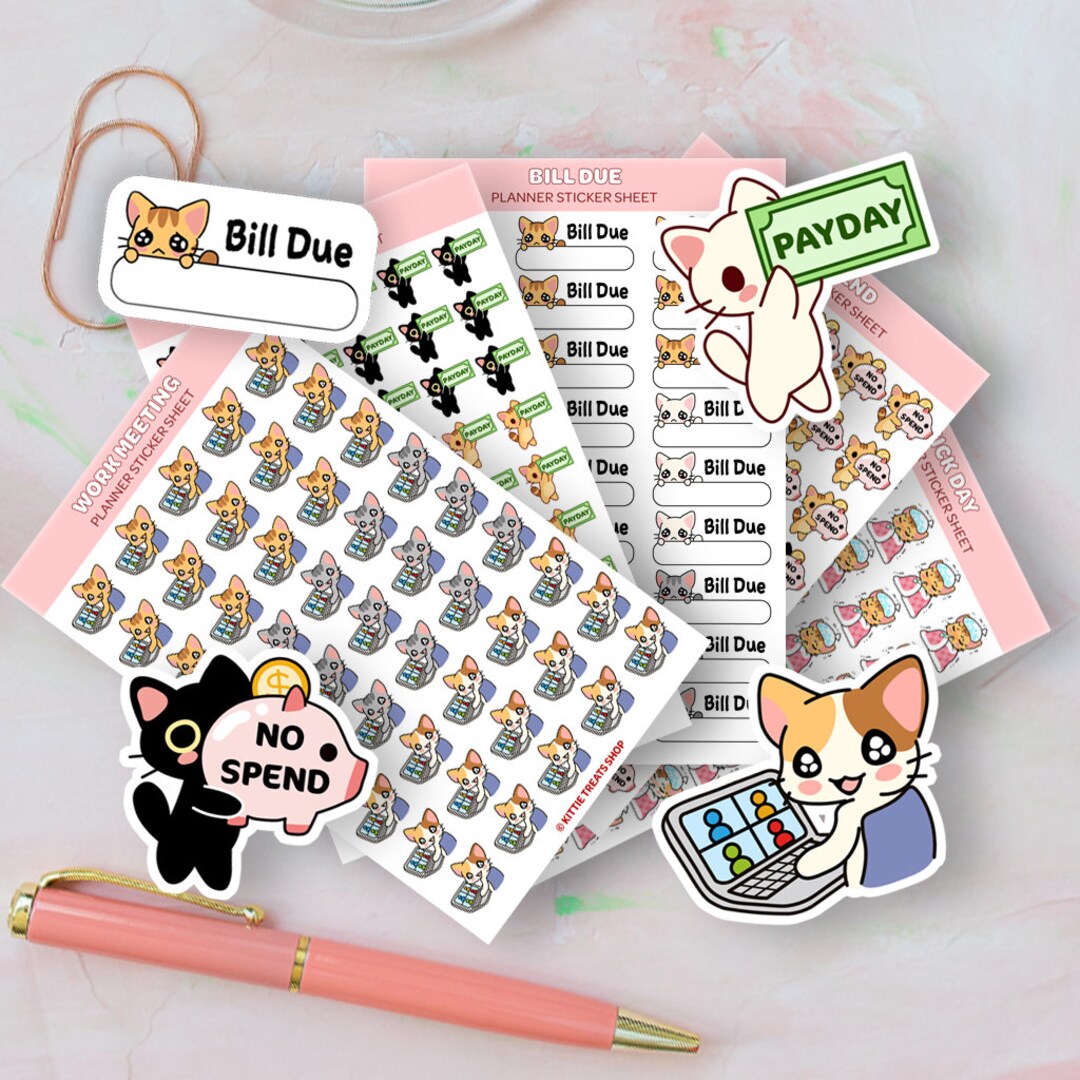 Kawaii Cat Professional Planner Sticker Set of 5, Cute Planner Sticker ...