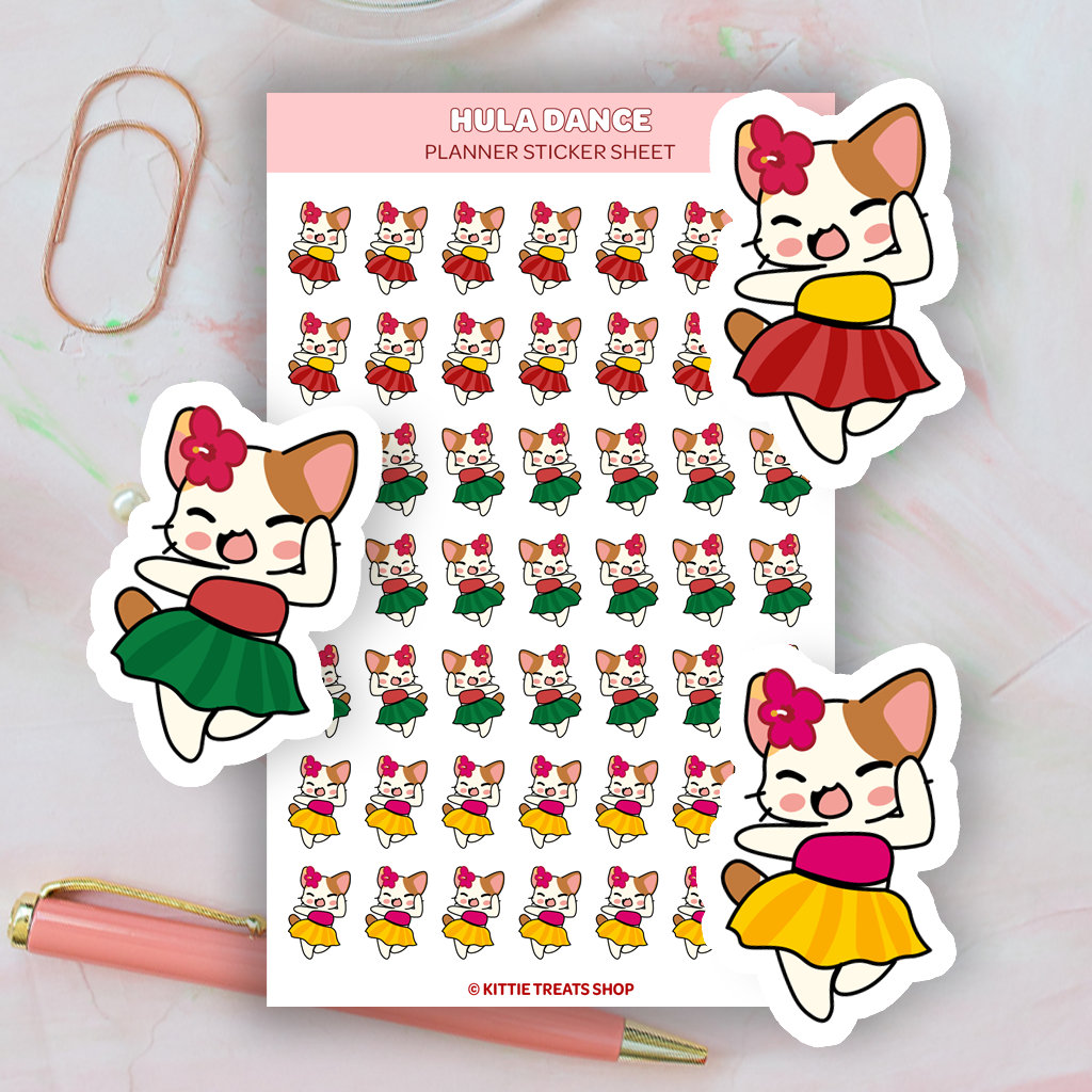 Kawaii Cat Hula Dance Planner Sticker, Hula Dance Reminders, Cute ...
