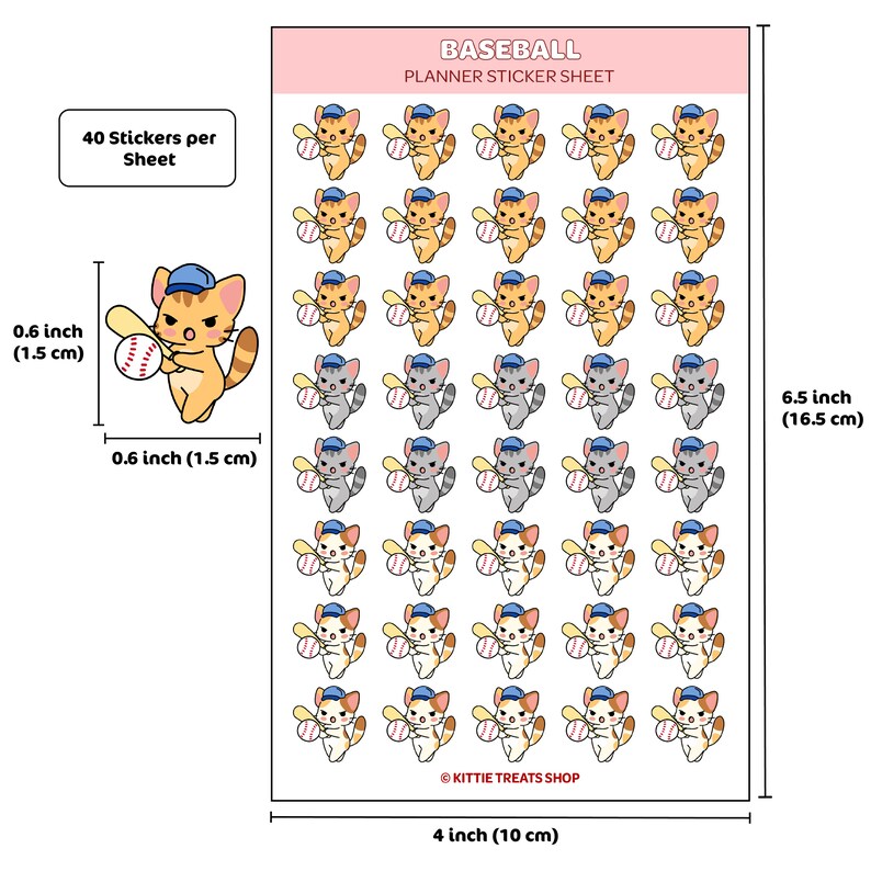 Kawaii Cat Baseball Planner Sticker, Baseball Game Reminders, Cute ...