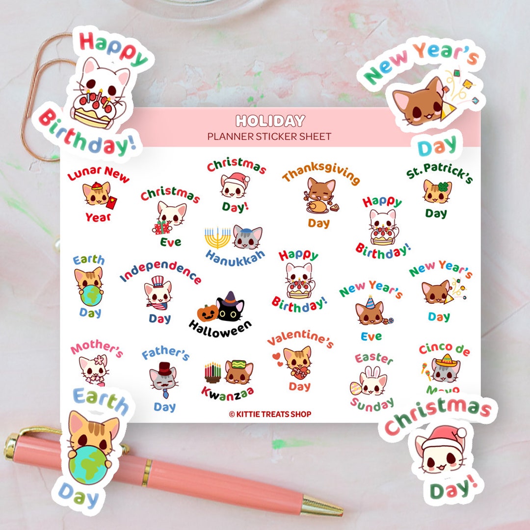Kawaii Cat Holiday Planner Stickers, US Holiday Reminders, Cute Planner ...