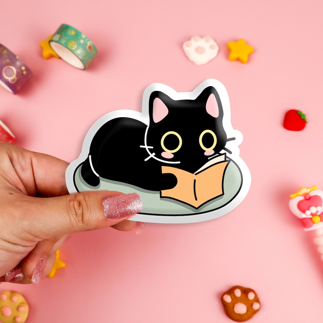 Reading Kitty Glossy Vinyl Sticker, Water Bottle Sticker, Car Decal ...