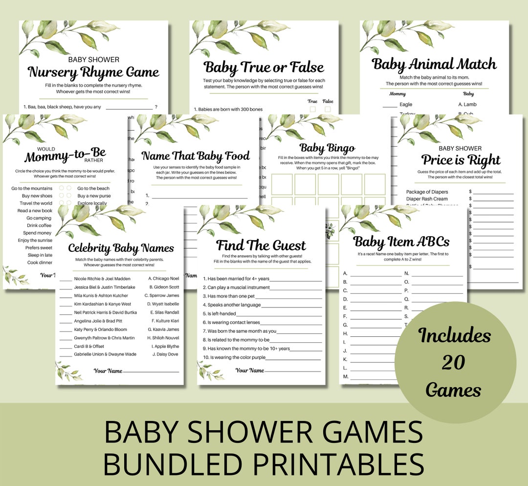 20 Rustic Green Leaves Baby Shower Games, Baby Shower Games Printable ...