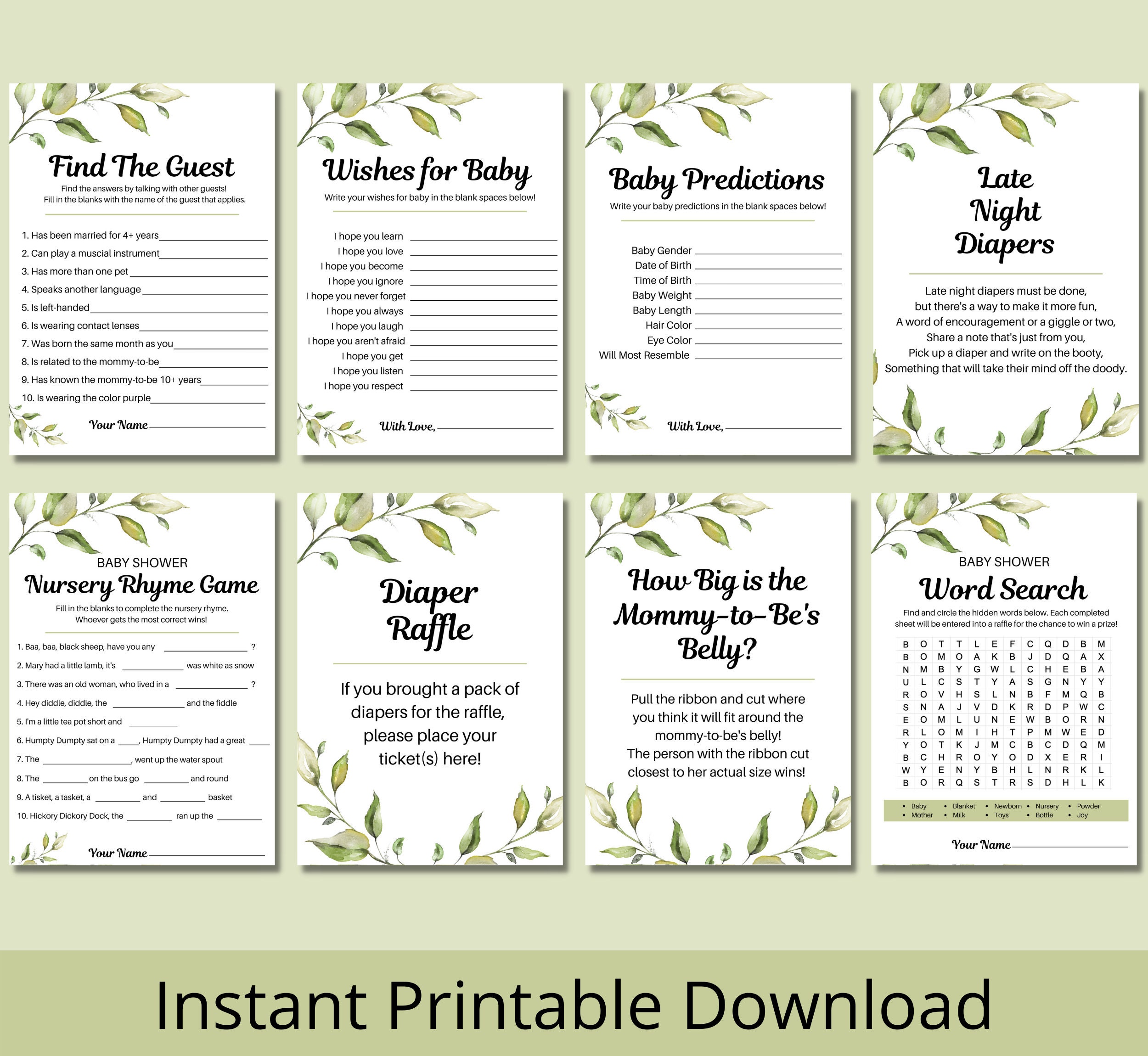 20 Rustic Green Leaves Baby Shower Games, Baby Shower Games Printable ...