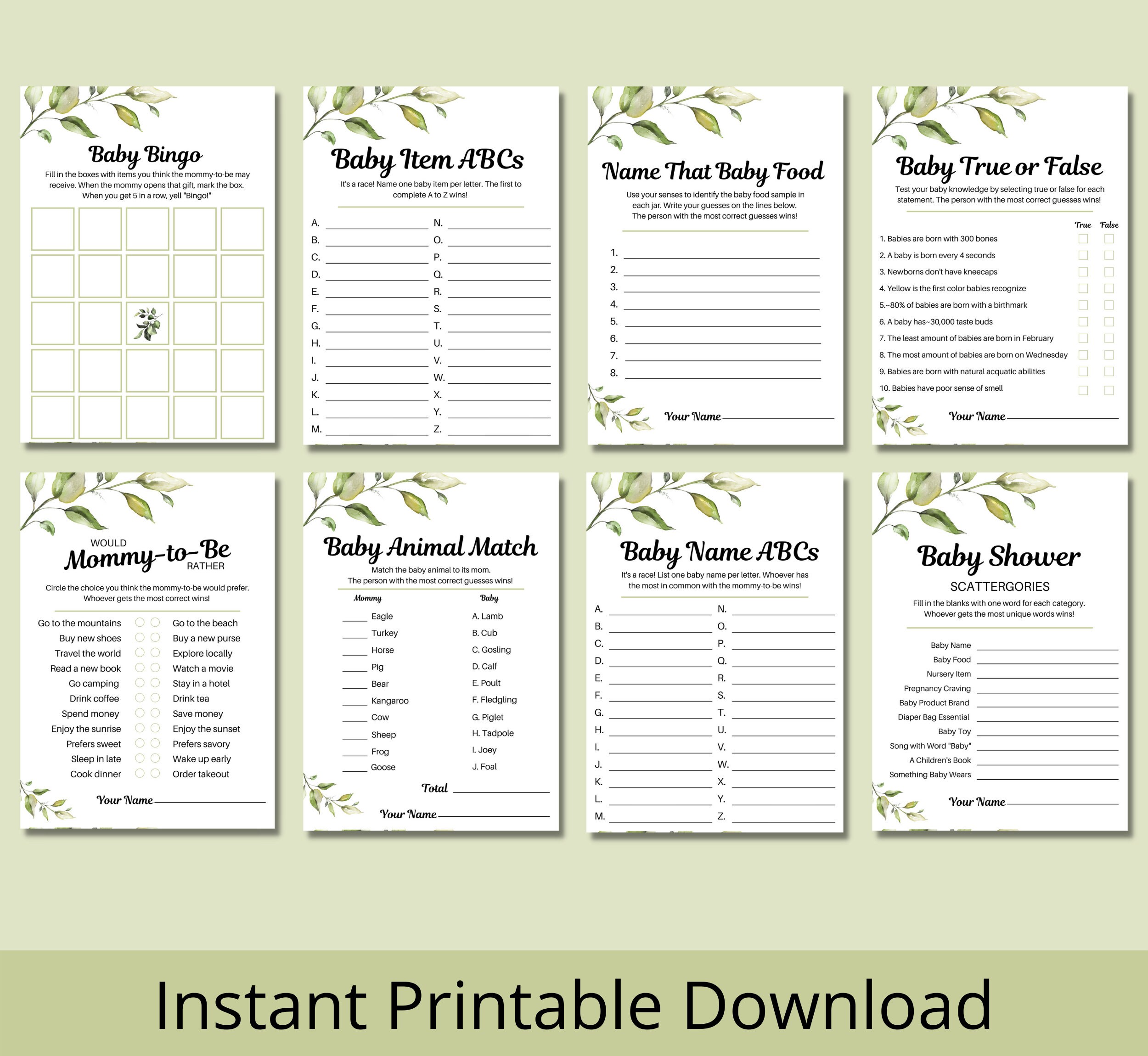 20 Rustic Green Leaves Baby Shower Games, Baby Shower Games Printable ...