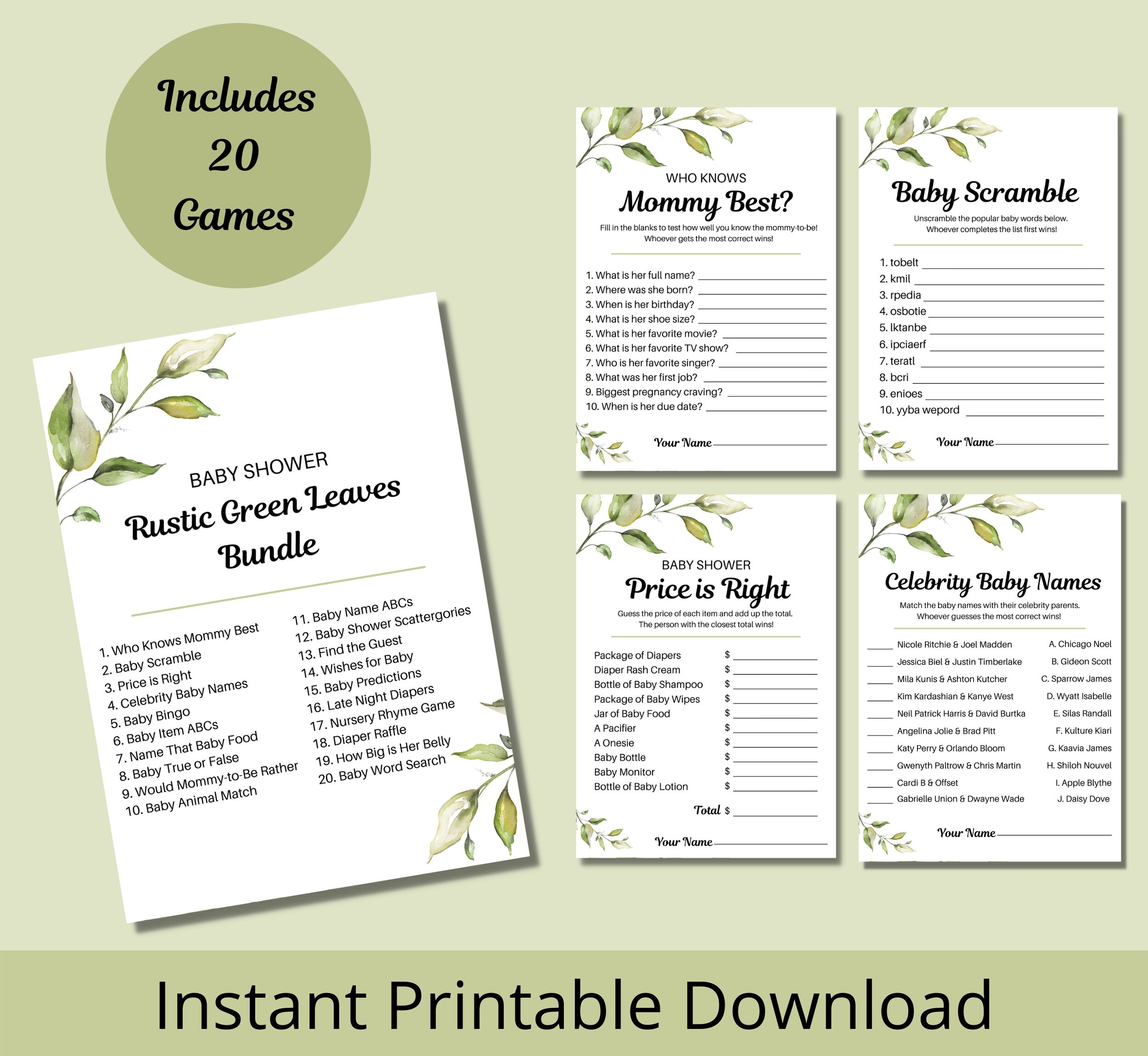 20 Rustic Green Leaves Baby Shower Games, Baby Shower Games Printable ...