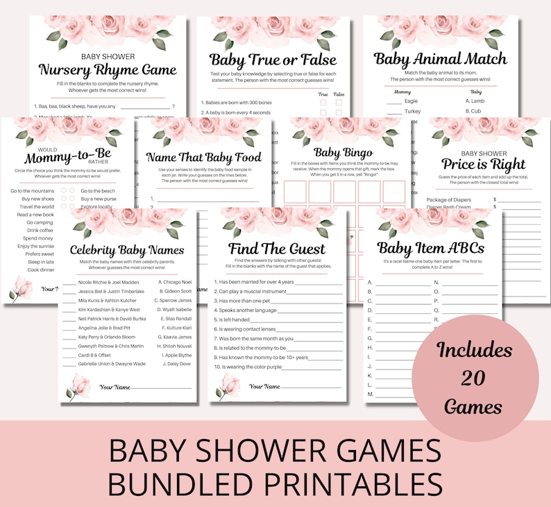20 Blush Pink Floral Roses Baby Shower Games, Baby Shower Games ...