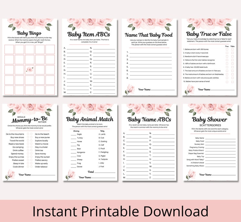 20 Blush Pink Floral Roses Baby Shower Games, Baby Shower Games ...