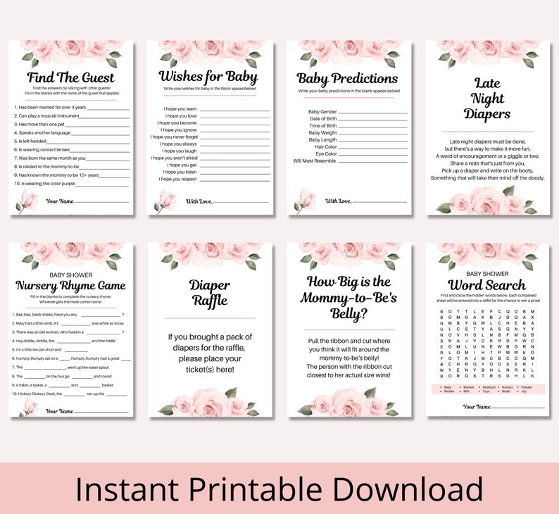 20 Blush Pink Floral Roses Baby Shower Games, Baby Shower Games ...