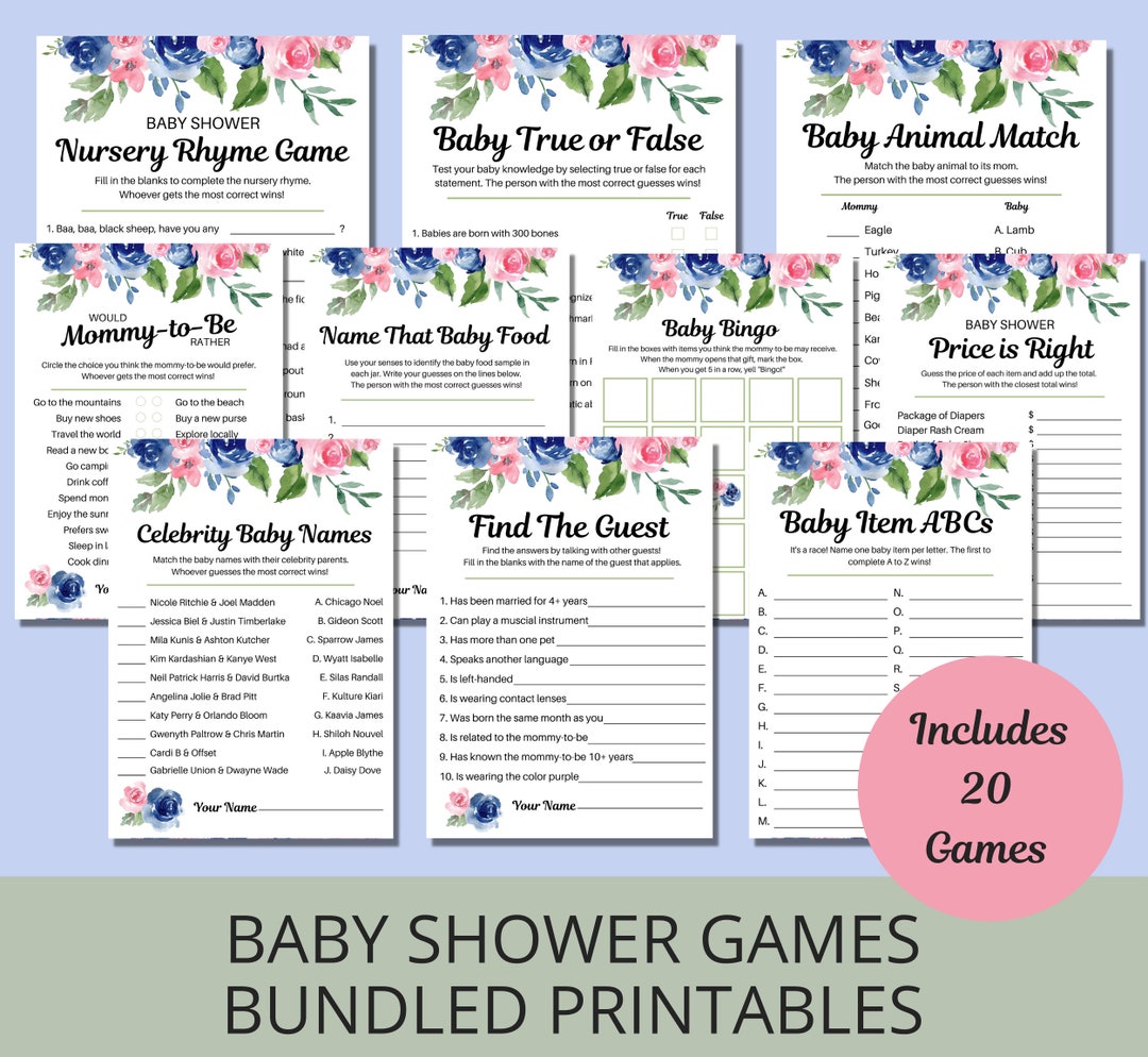 20 Blue & Pink Roses Baby Shower Games, Unisex Floral Baby Shower Games ...