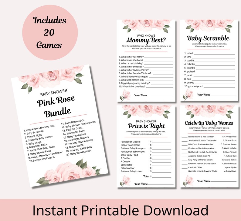 20 Blush Pink Floral Roses Baby Shower Games, Baby Shower Games ...