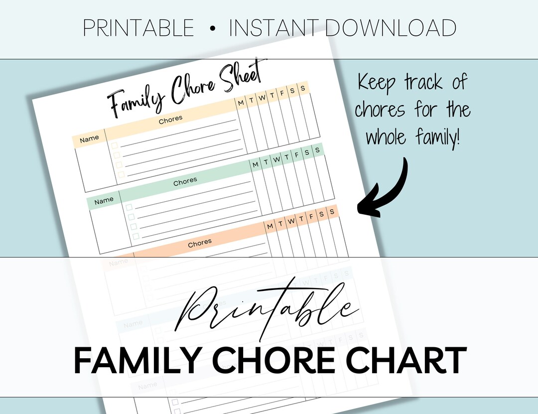 Chore Chart Printable | Family Chore Tracking Sheet | Weekly Chore ...