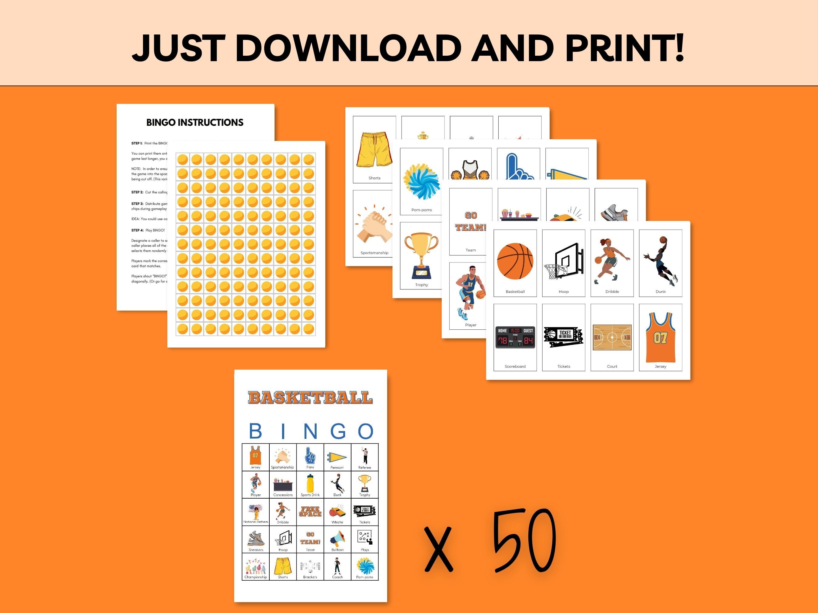Basketball Bingo 50 Cards | Printable Basketball Bingo Game | Instant ...