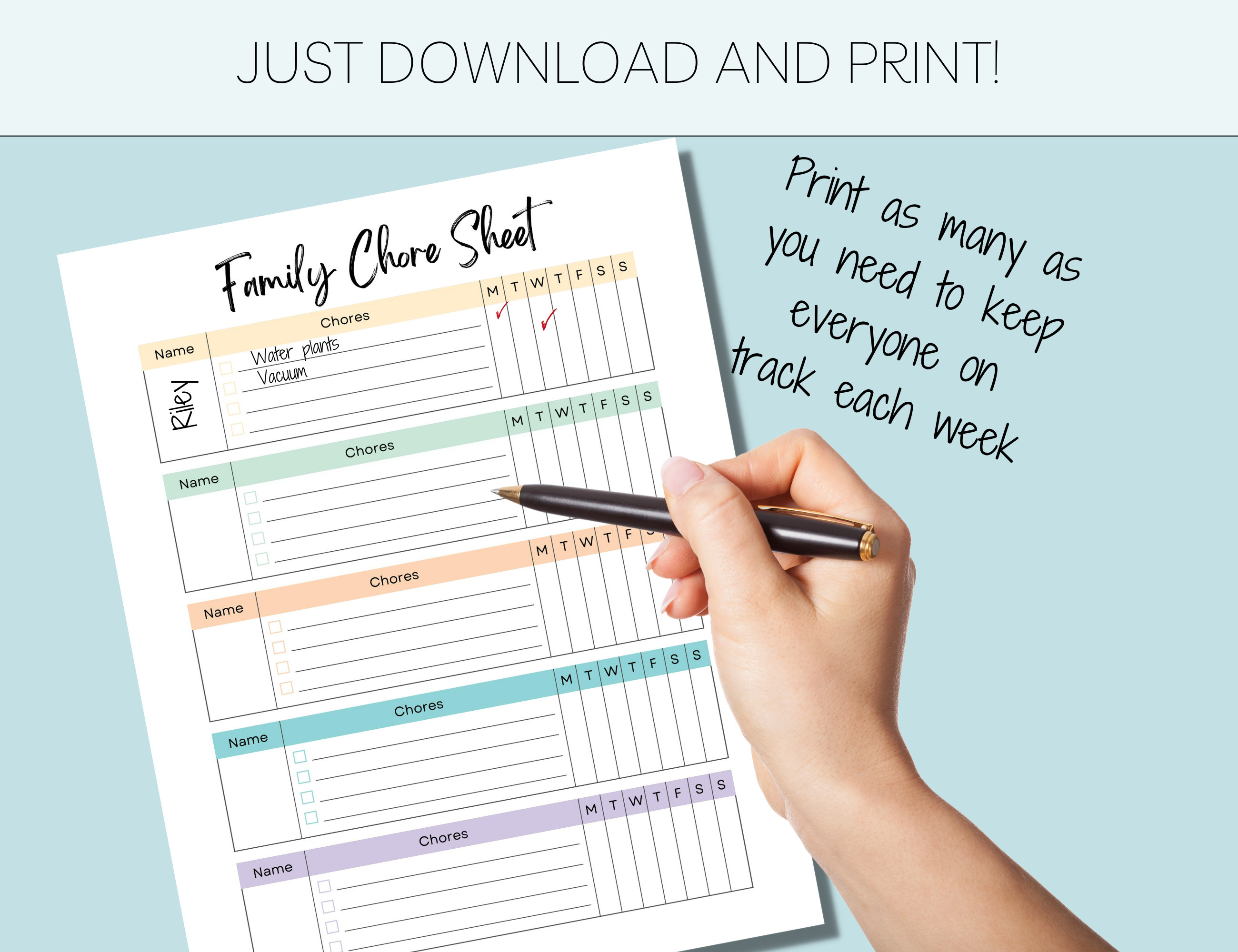 Chore Chart Printable | Family Chore Tracking Sheet | Weekly Chore ...