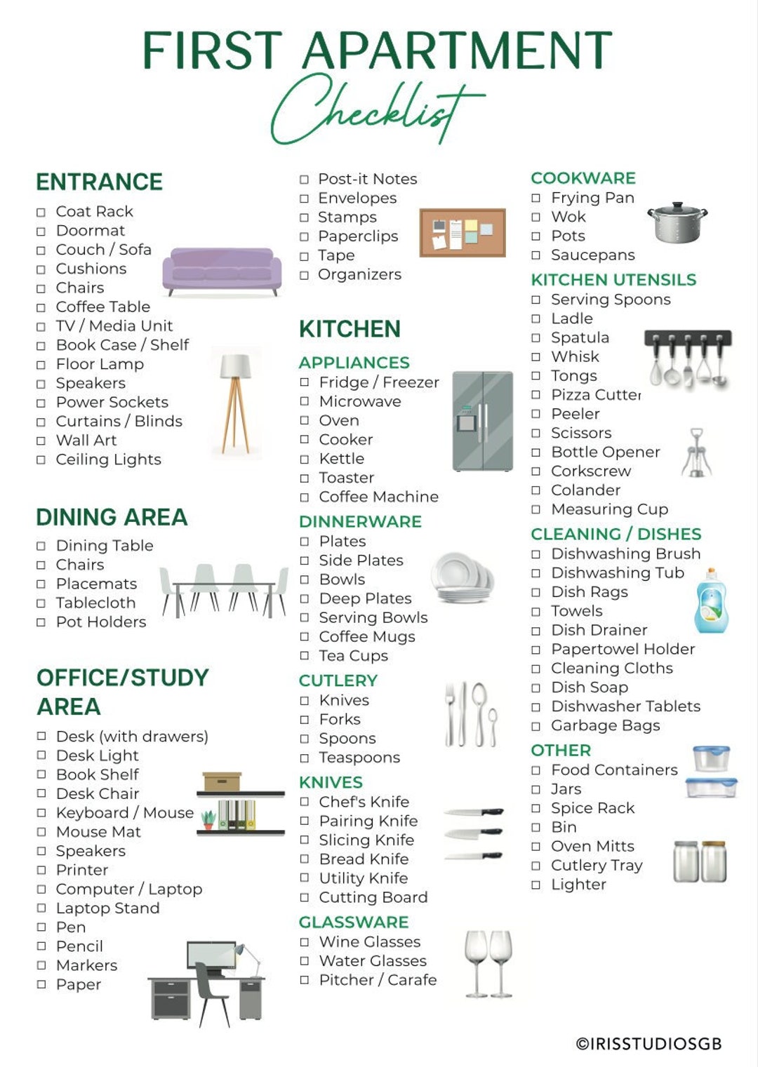 First Apartment Checklist (with Illustrations) | New Home Checklist | New Home Essentials ...