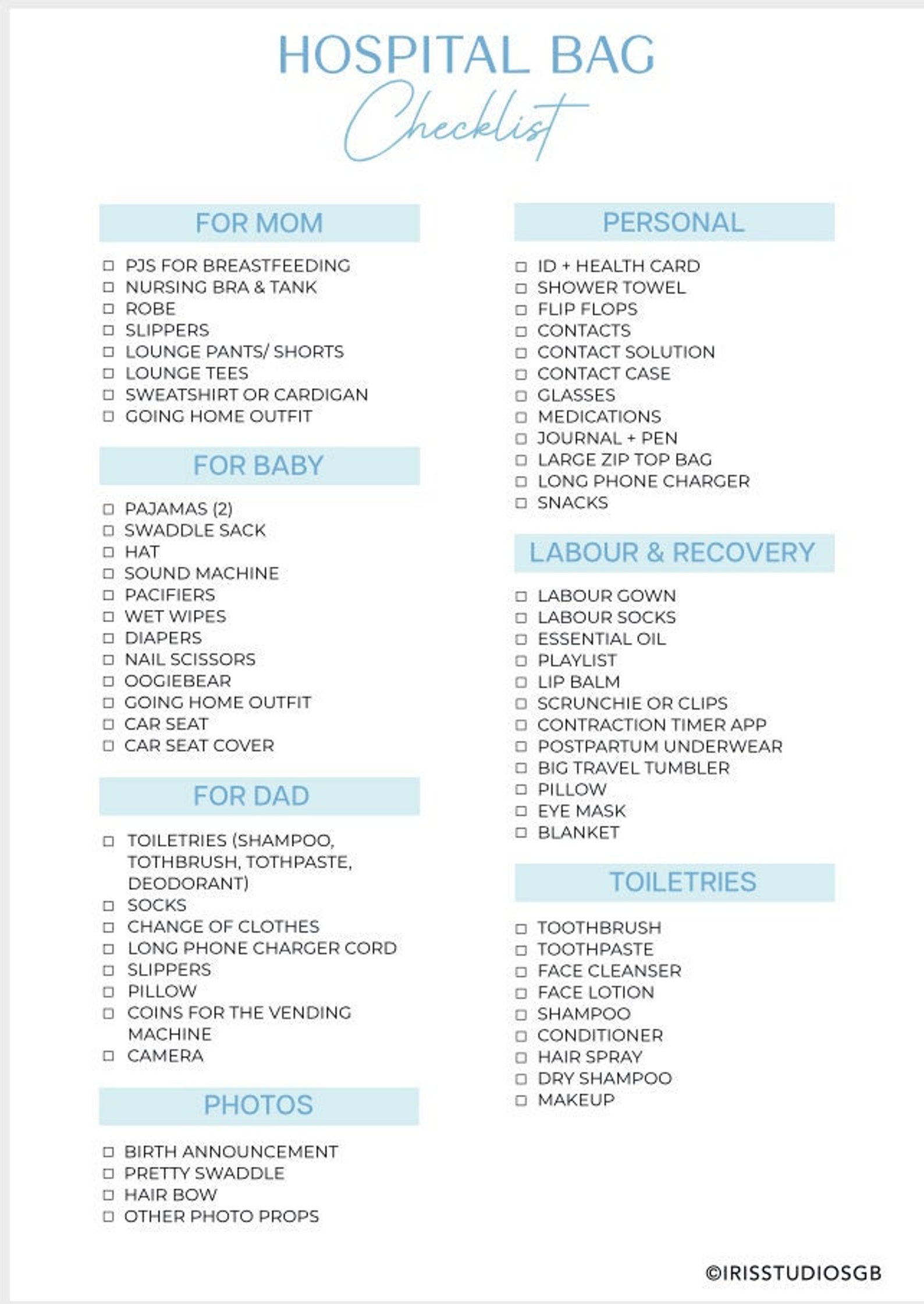 Hospital Bag Checklist Printable Blue hospital Bag Essentials | Etsy UK