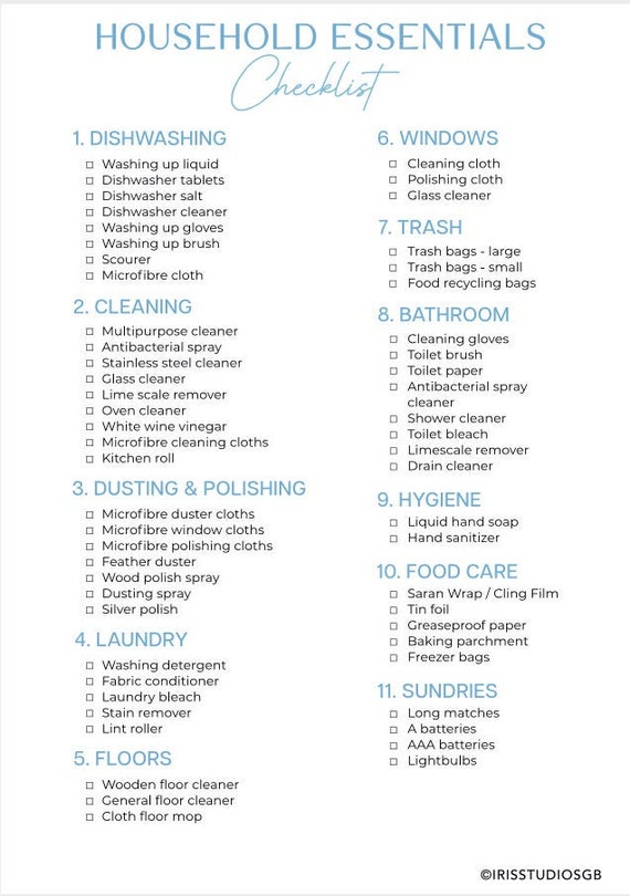 Household Essentials Checklist House Planner Home - Etsy