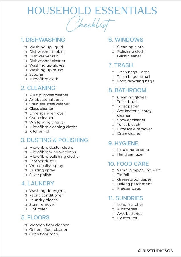 Household Essentials Checklist | House Planner | Home Management ...
