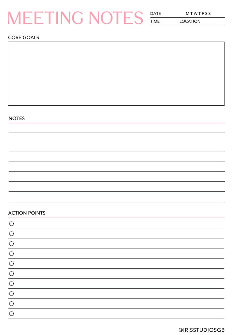 Printable Meeting Notes Template | Agenda Notes | Digital Meeting Notes ...