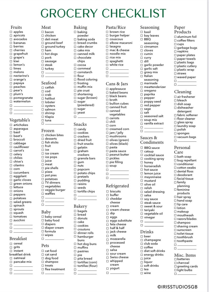 Grocery List Food Shopping List Printable Digital | Etsy UK