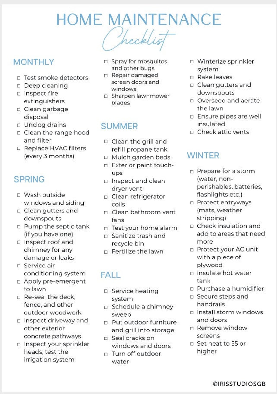 Home Maintenance Checklist | Home Repair Schedule | House Maintenance ...