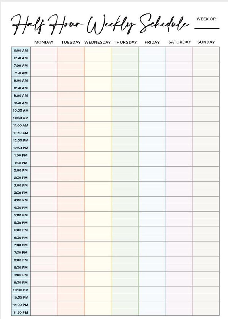 Half Hour Weekly Schedule | Time Blocking | Weekly Time Sheet | Half ...