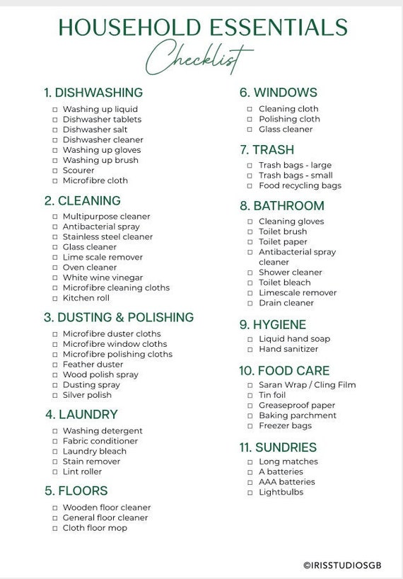 Household Essentials Checklist House Planner Home - Etsy