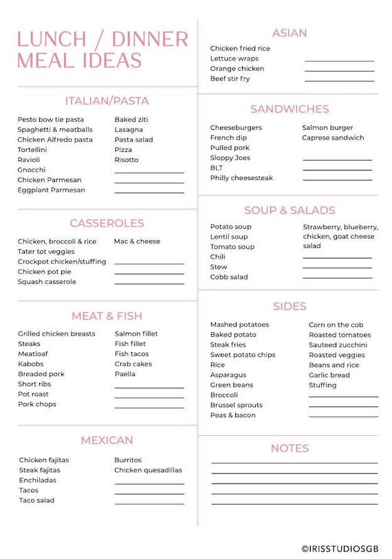 Lunch Meal Planner Dinner Meal Planner Digital Meal - Etsy