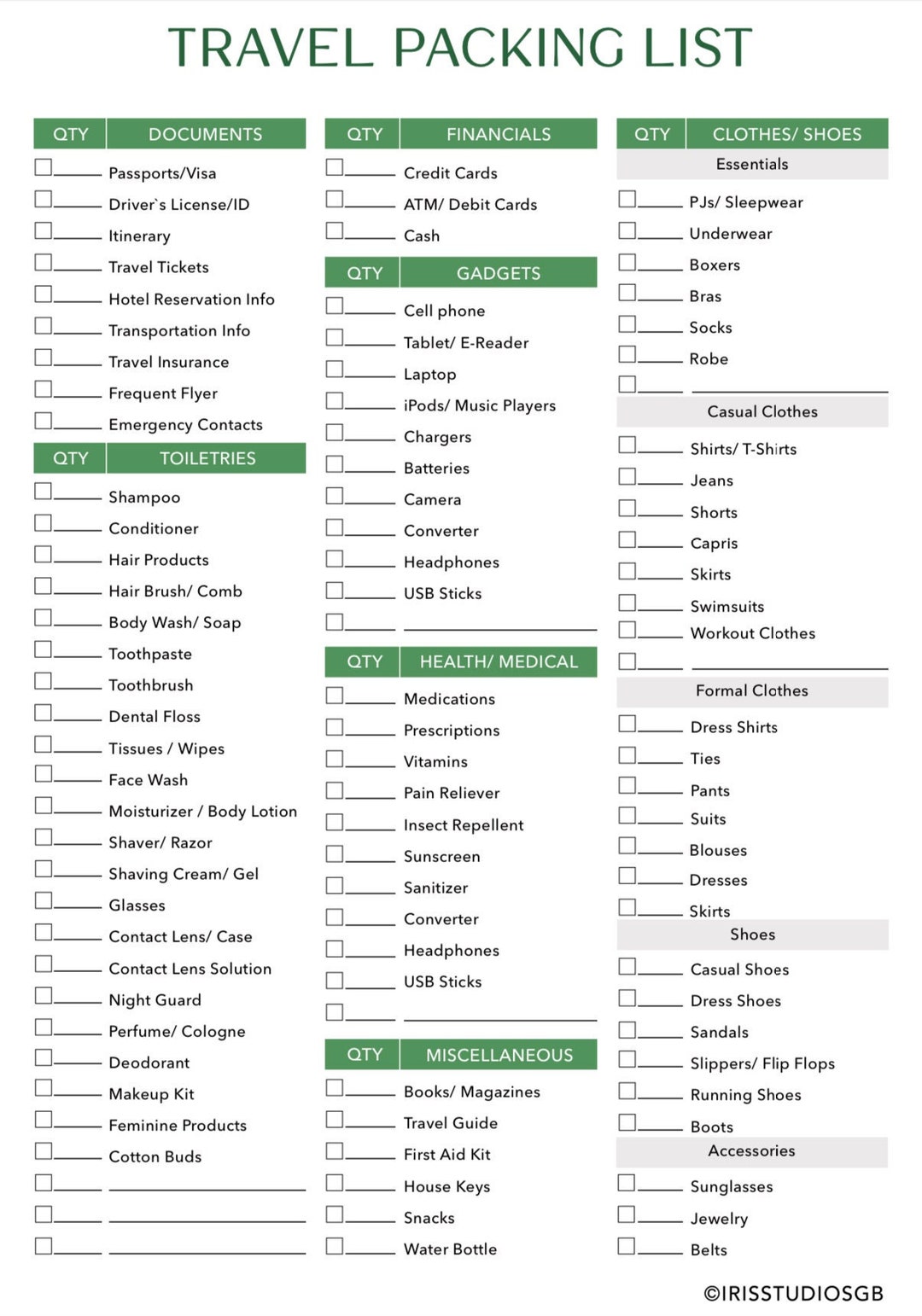 Travel Packing List | Compatible With Goodnotes, Notability Etc ...