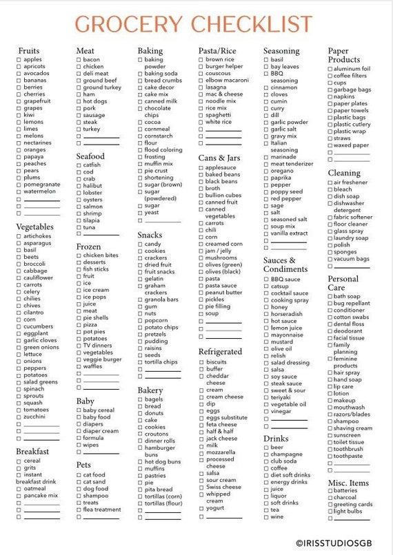 Grocery List Food Shopping List Printable Digital - Etsy