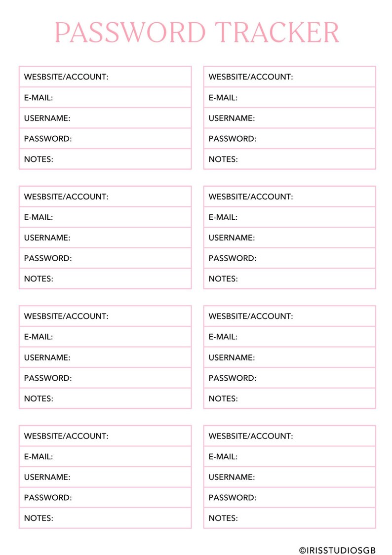 Printable Password Tracker Password Log Password Keeper Password ...