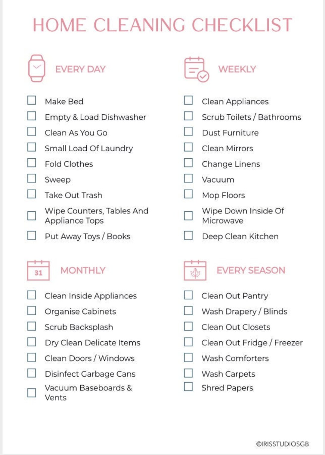 Home Cleaning Checklist Printable | Daily, Weekly, Monthly Cleaning ...