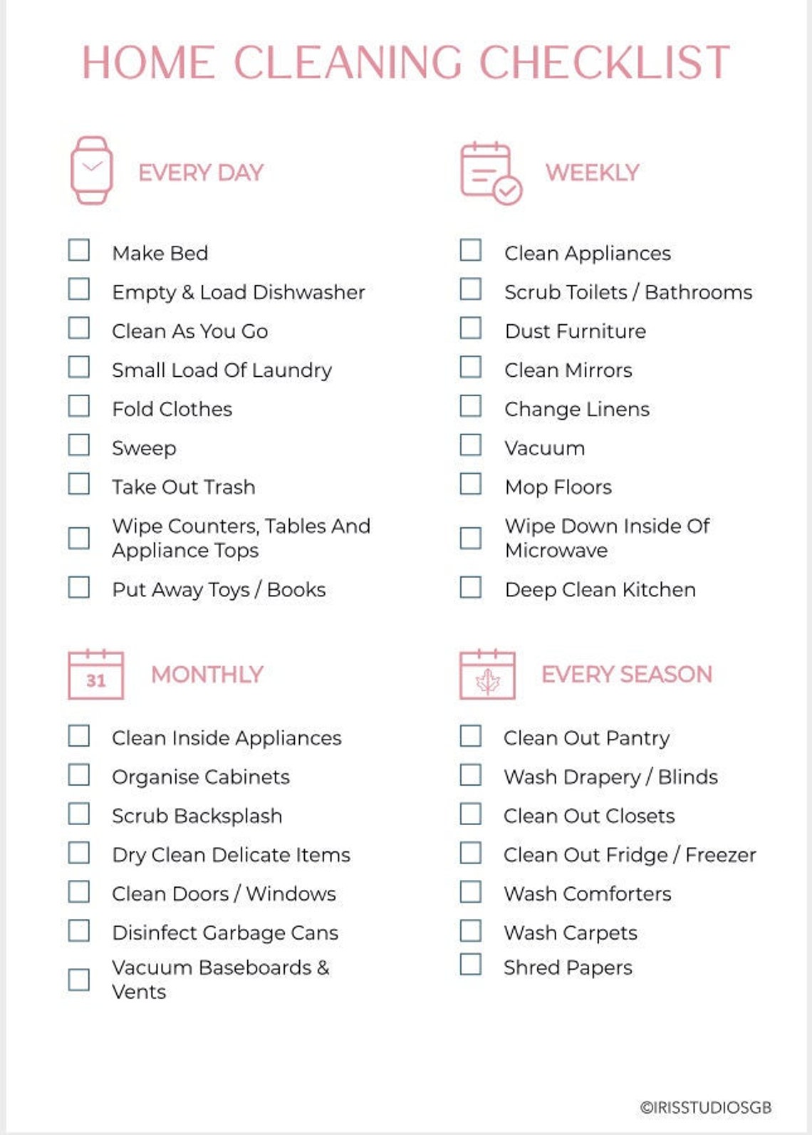 Home Cleaning Checklist Printable Daily Weekly Monthly - Etsy