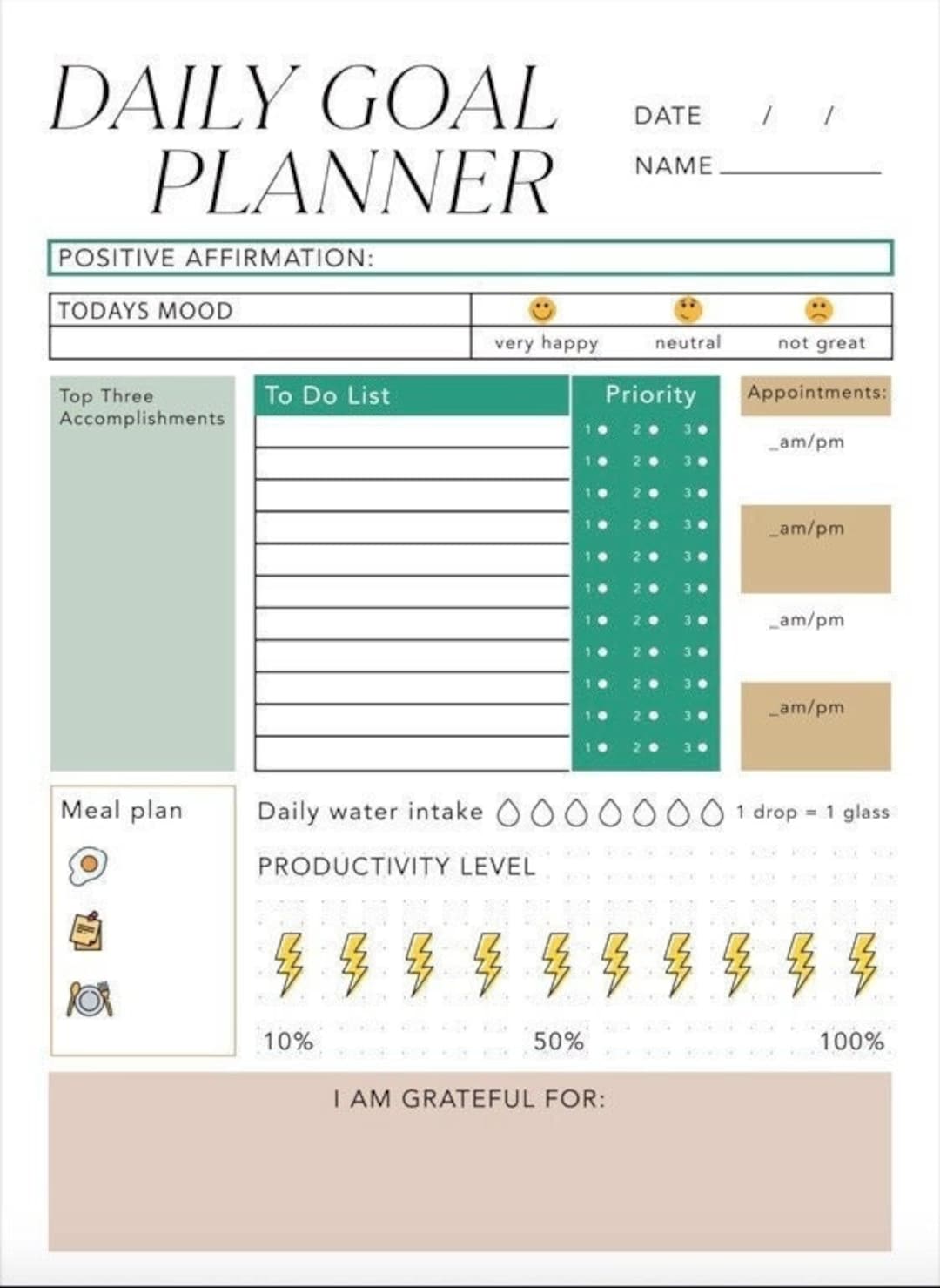 Daily Goal Planner Printable, Instant Download | Habit Tracker | Goals ...