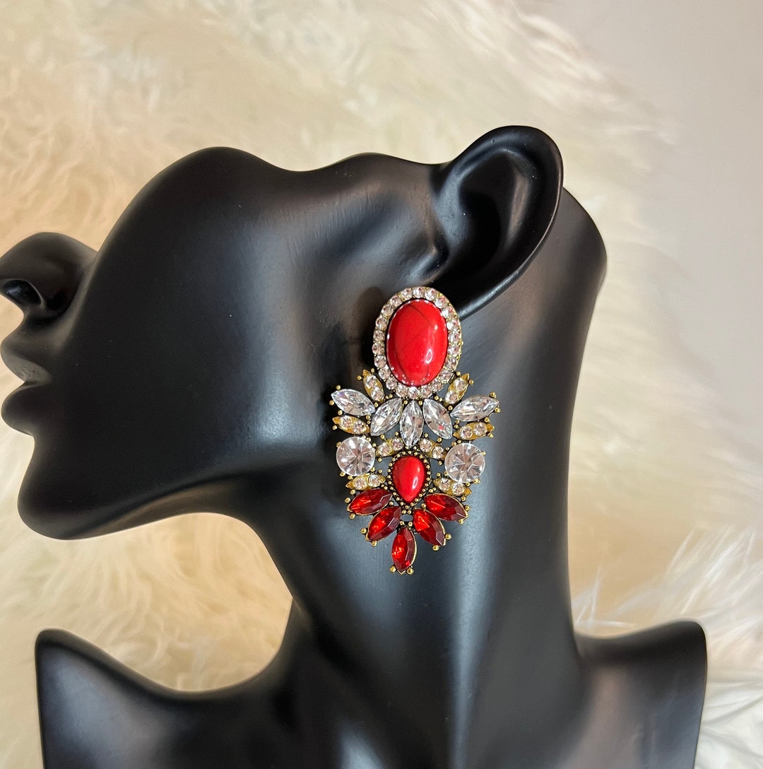 Large Red Rhinestone Dangle and Ruby Red Drop Earrings, Red Gemstone ...