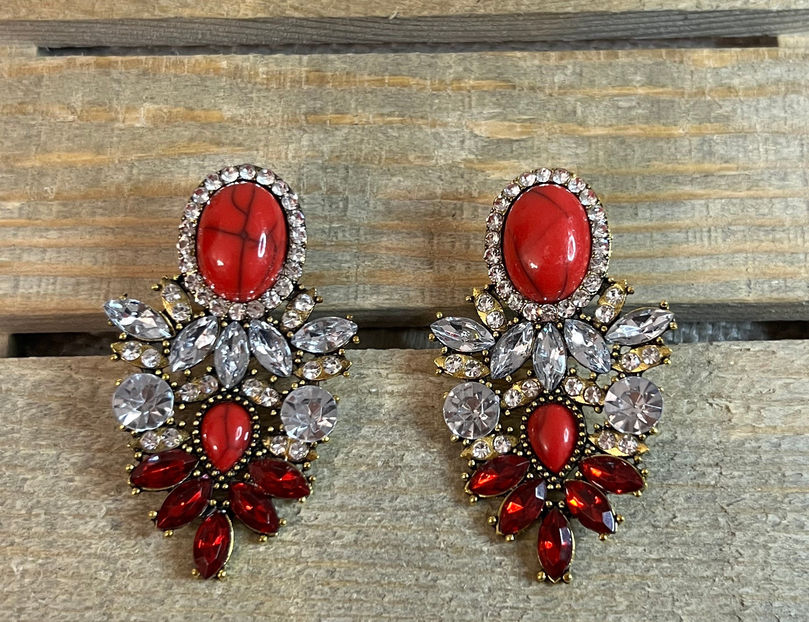 Large Red Rhinestone Dangle and Ruby Red Drop Earrings, Red Gemstone ...