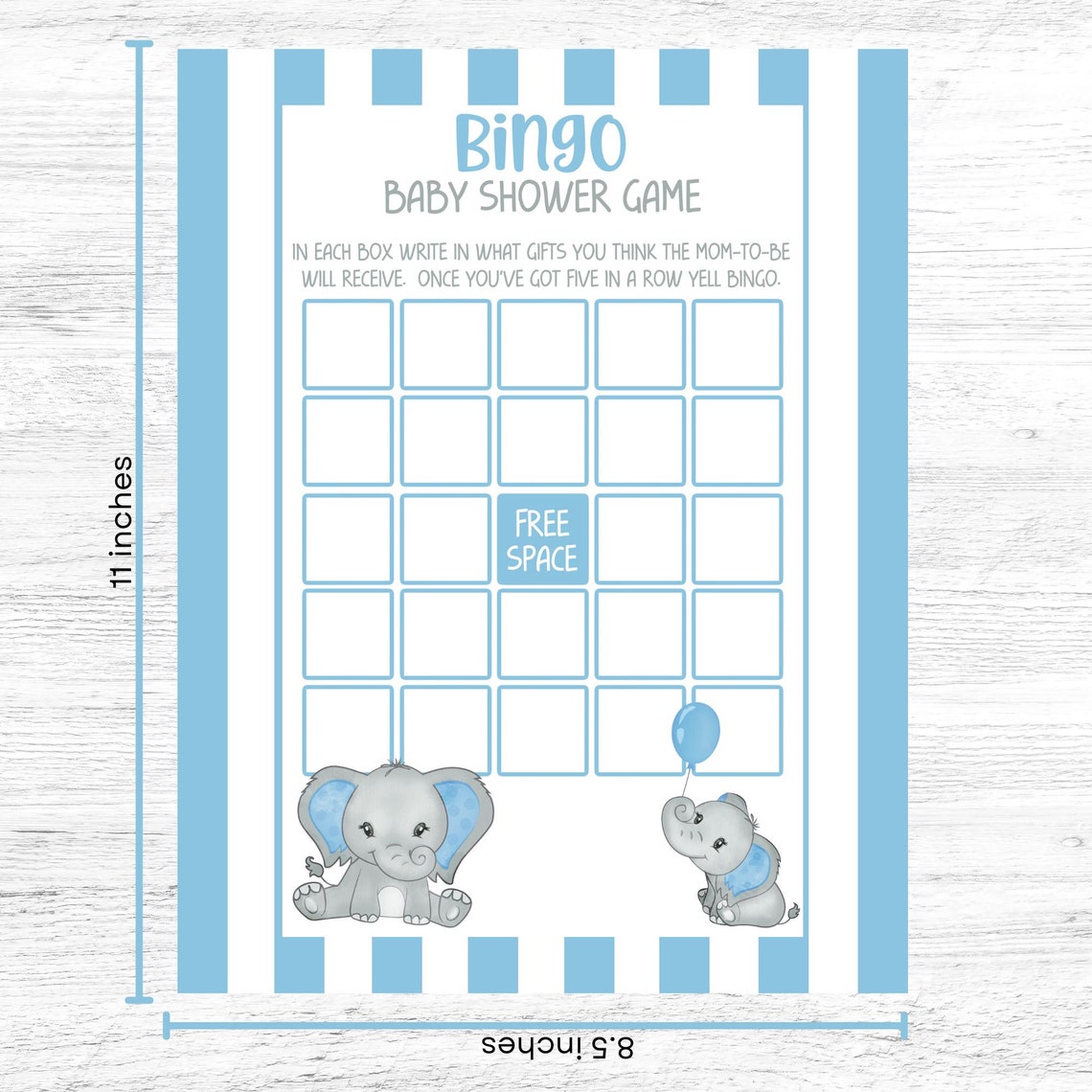 Printable Baby Shower Bingo, Boy Baby Shower Games, Elephant Baby ...