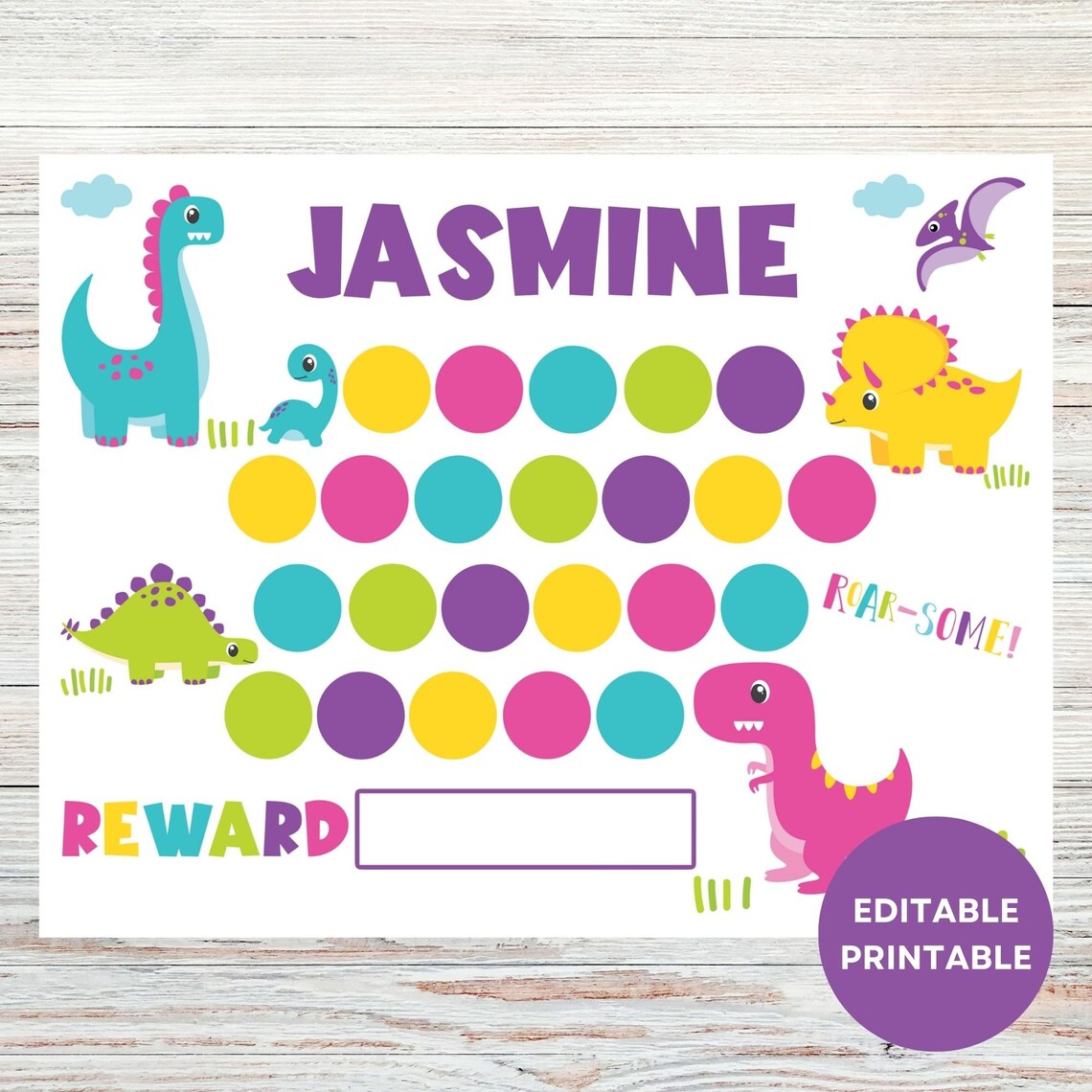Editable Reward Chart for Girls, Dinosaur Reward Chart, Dinosaur ...
