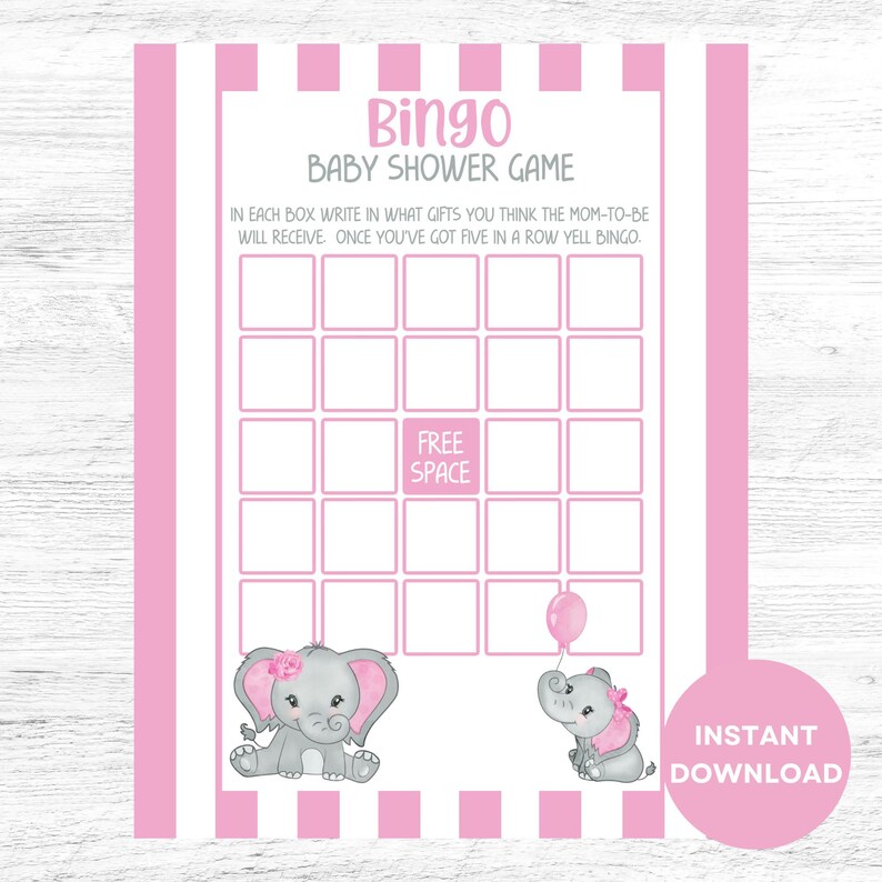 Elephant Baby Shower Bingo, Printable Baby Shower Bingo, Pink Elephant ...