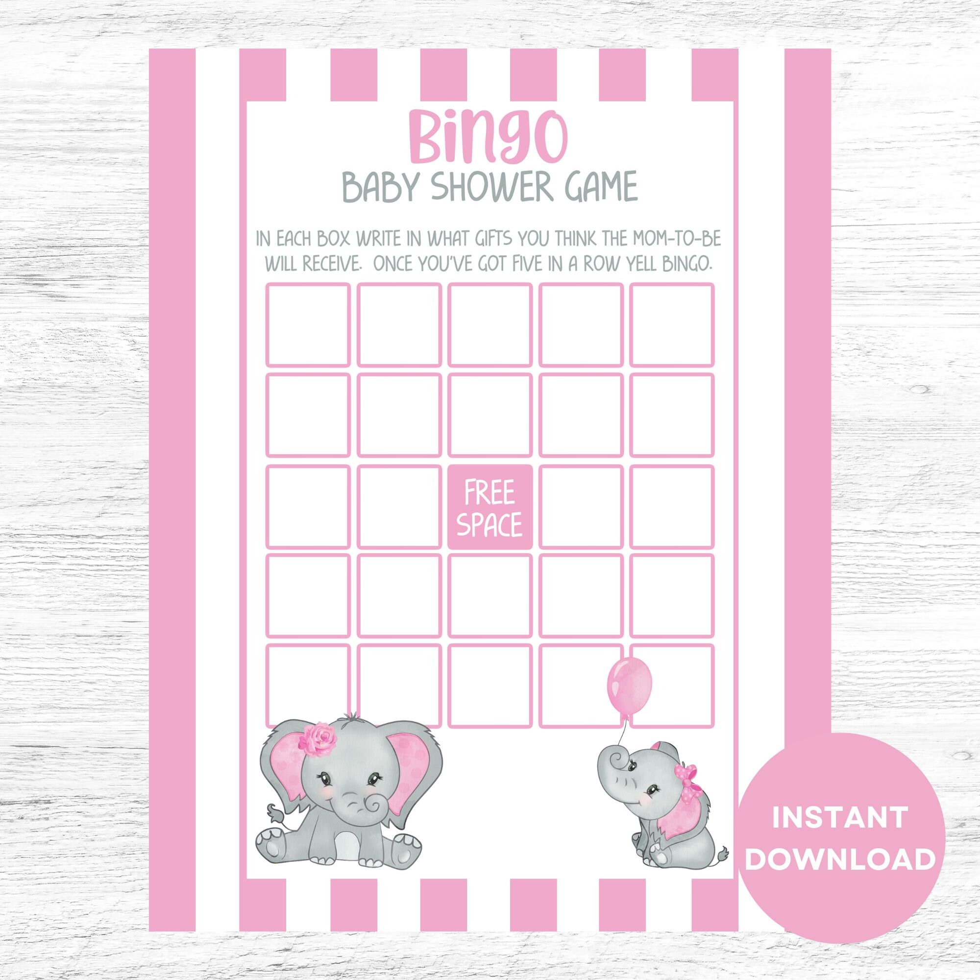 Elephant Baby Shower Bingo, Printable Baby Shower Bingo, Pink Elephant ...